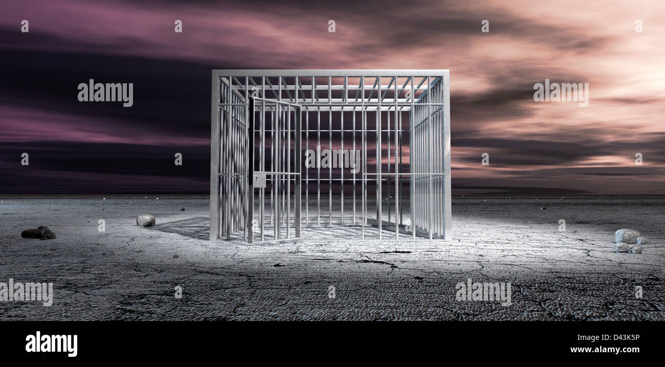 A cubic shaped metal unlocked jail cell in the middle of a barren ...