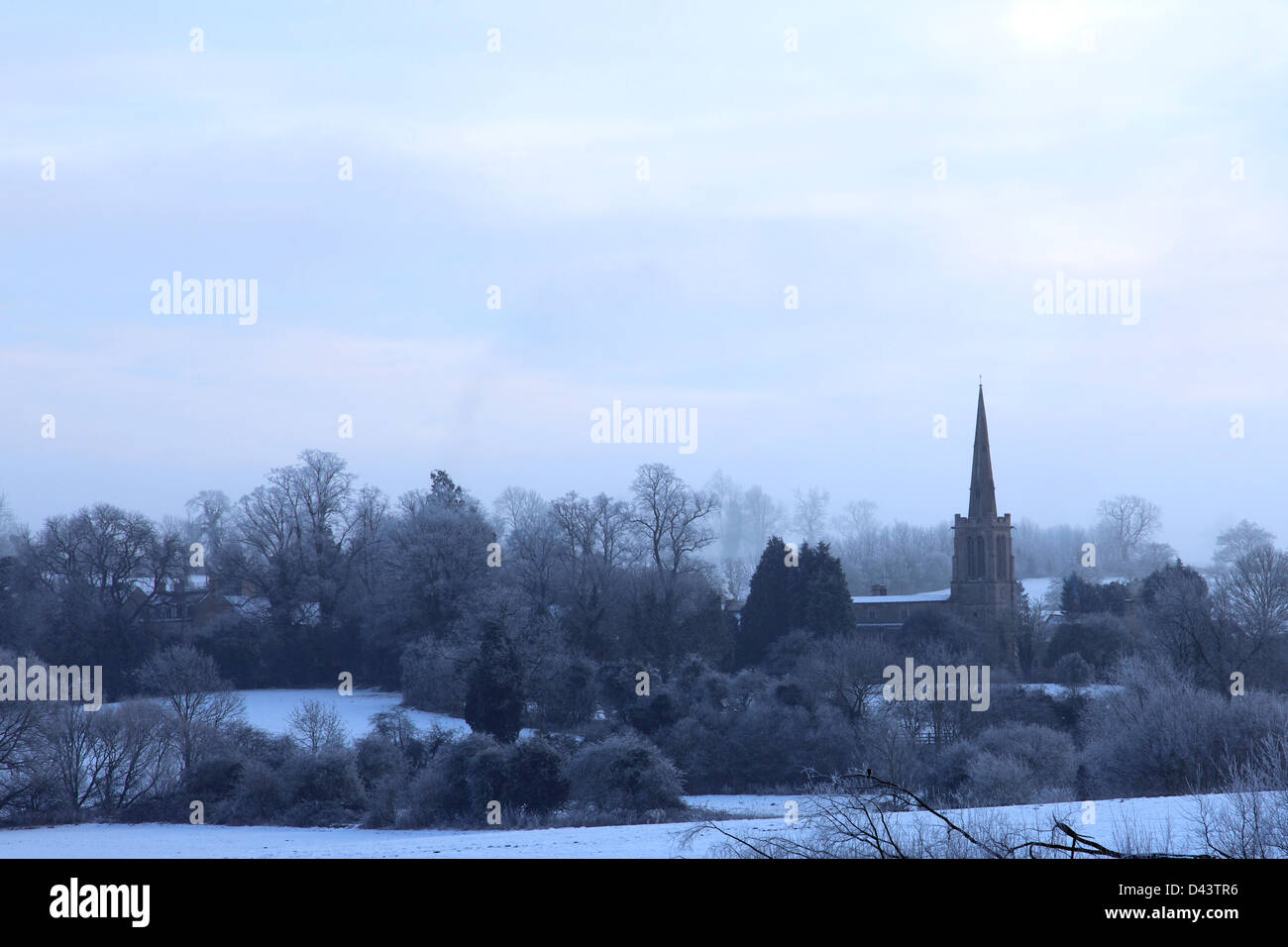 Winter snow, St Nicholas church, Bulwick village, Rockingham Forest ...