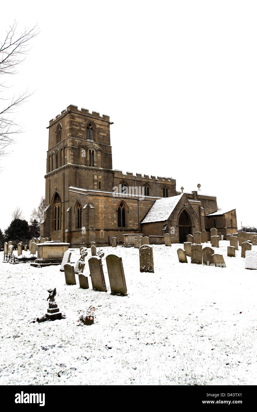 Winter snow, St Peters parish church, Maxey village, Cambridgeshire ...