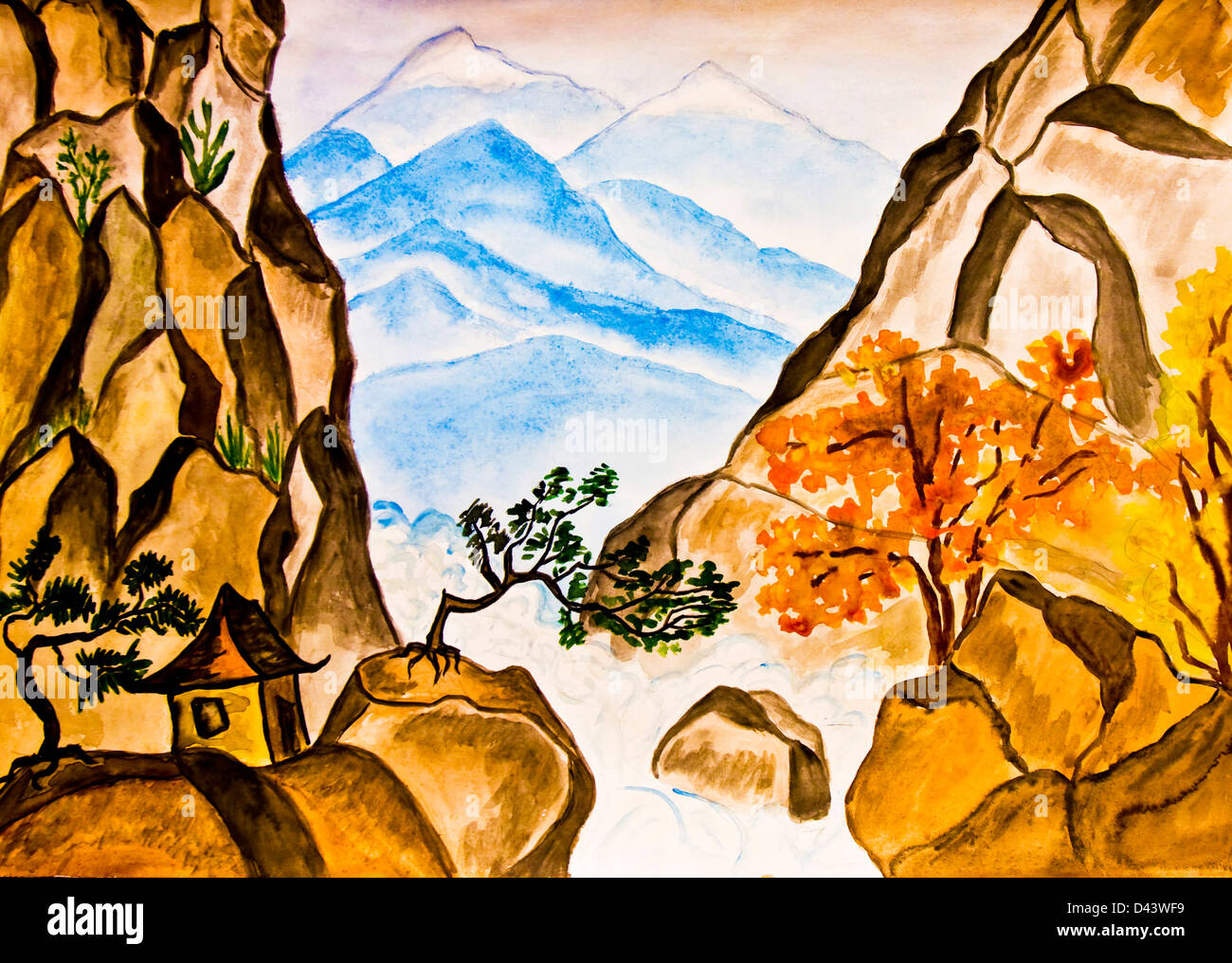 Hand painted picture in traditions of old Chinese art, watercolours ...