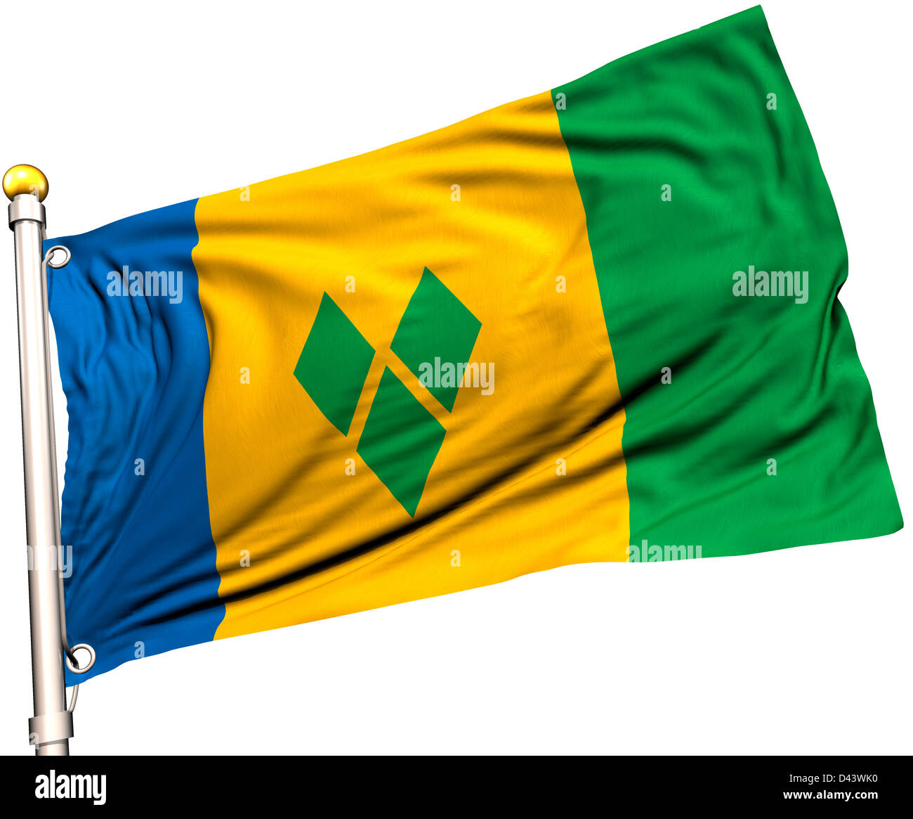 Saint Vincent flag on a flag pole. Clipping path included. Silk texture ...