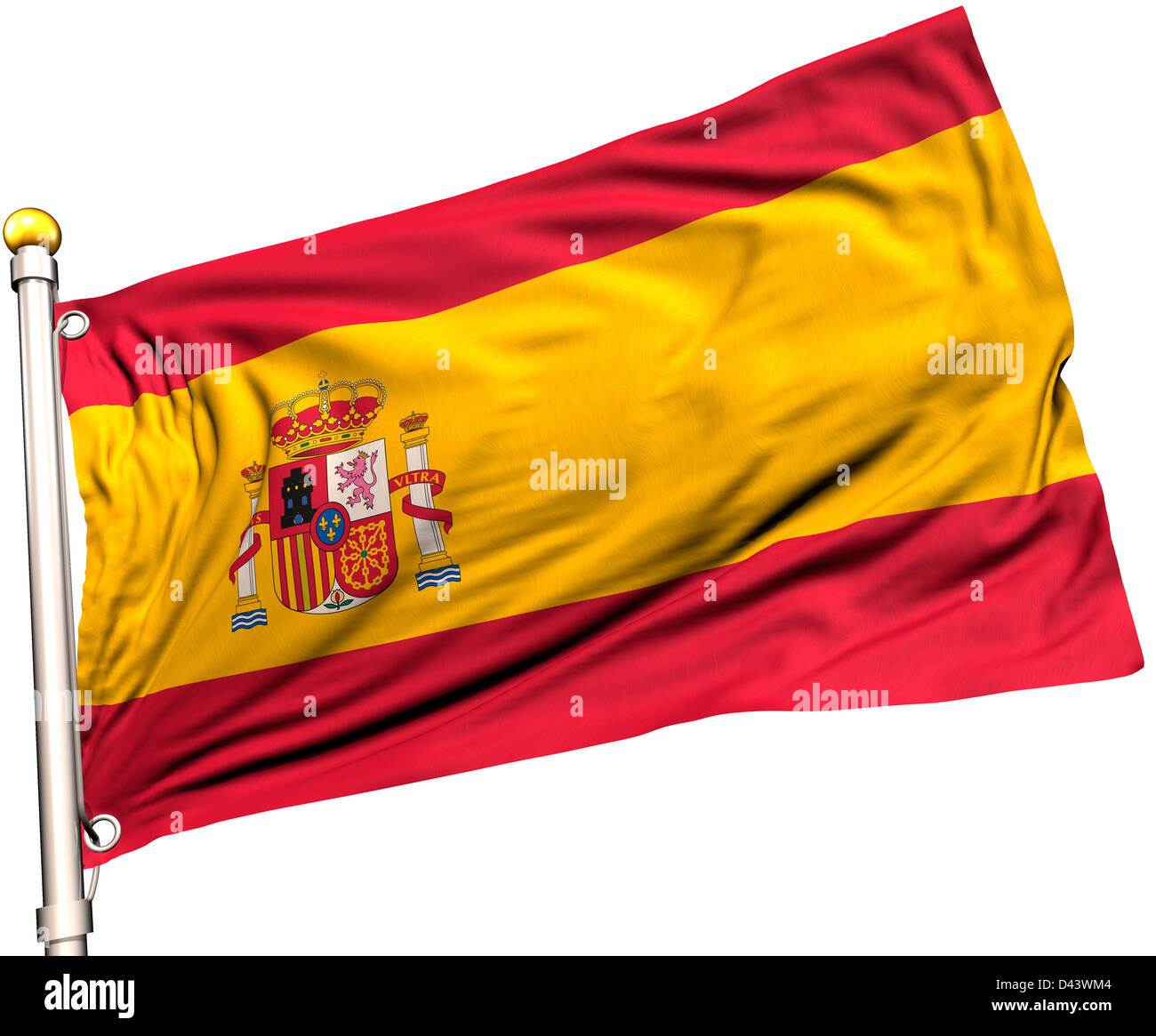Spain flag on a flag pole. Clipping path included. Silk texture visible ...