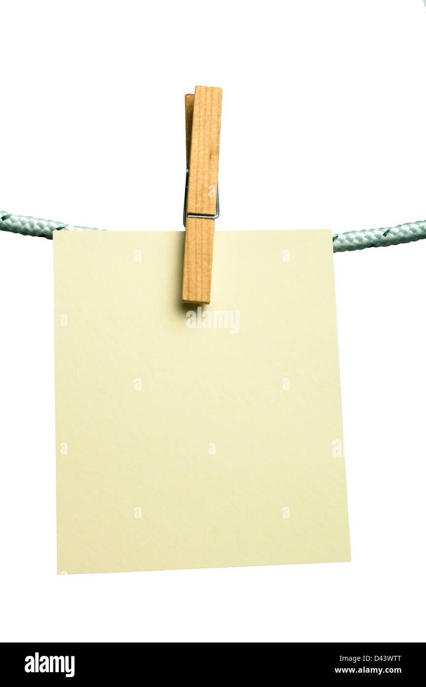 Note paper hooked on a rope. White isolated studio shot Stock Photo - Alamy