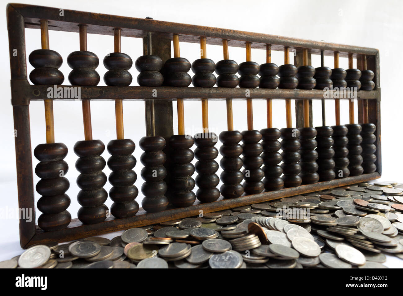 Abacus and coin on white background Stock Photo - Alamy