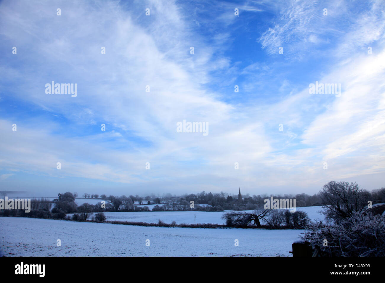 Winter snow, St Nicholas church, Bulwick village, Rockingham Forest ...