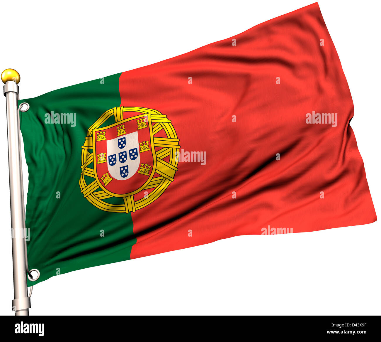 Portugal flag on a flag pole. Clipping path included. Silk texture ...
