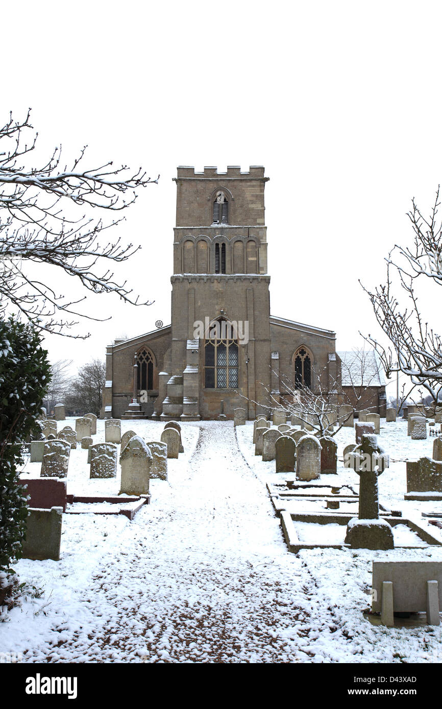 Winter snow, St Peters parish church, Maxey village, Cambridgeshire ...