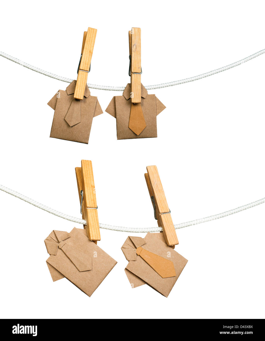 Origami brown shirts on rope. White isolated Stock Photo - Alamy