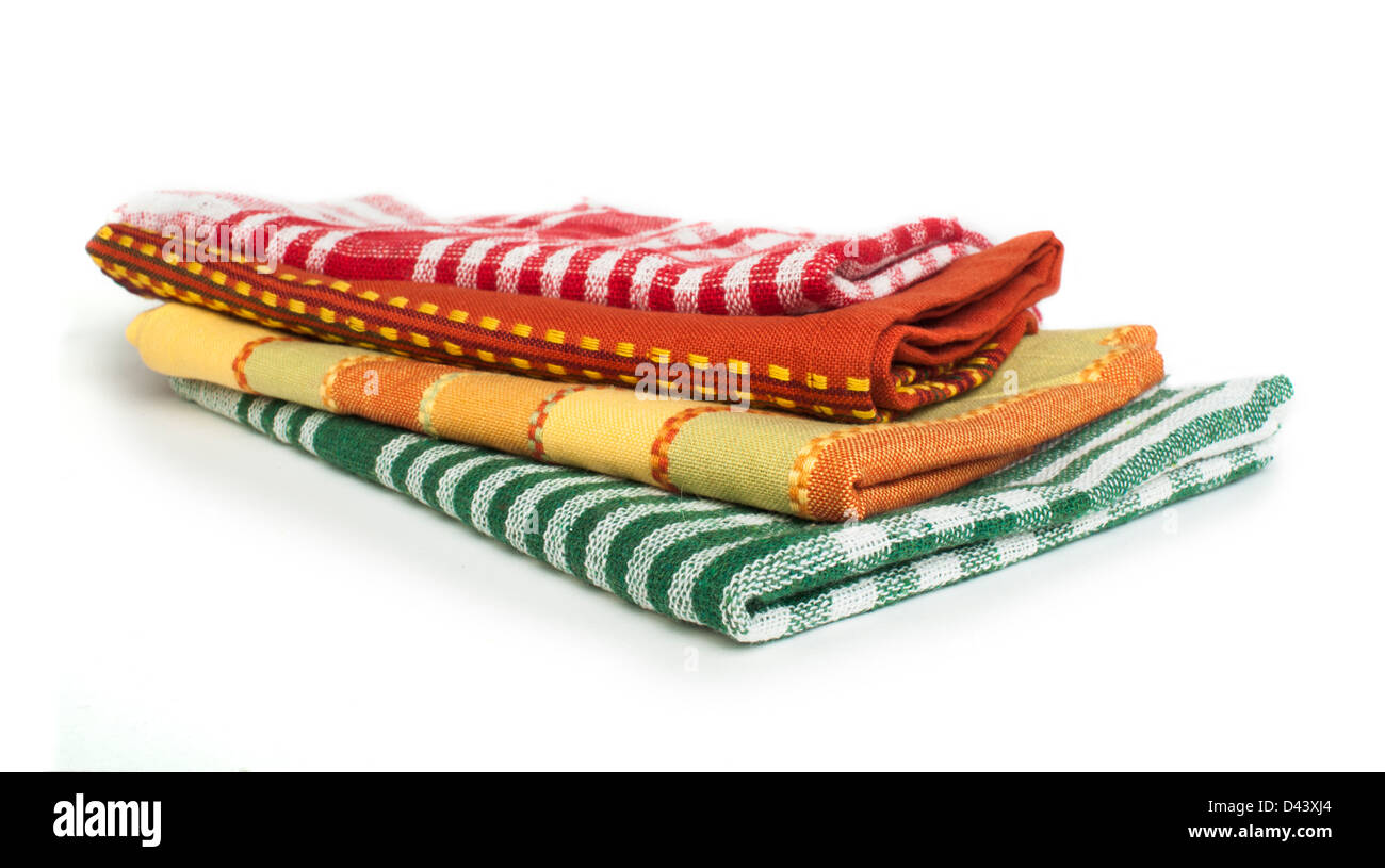 Colorful kitchen towels white isolated studio shot Stock Photo - Alamy