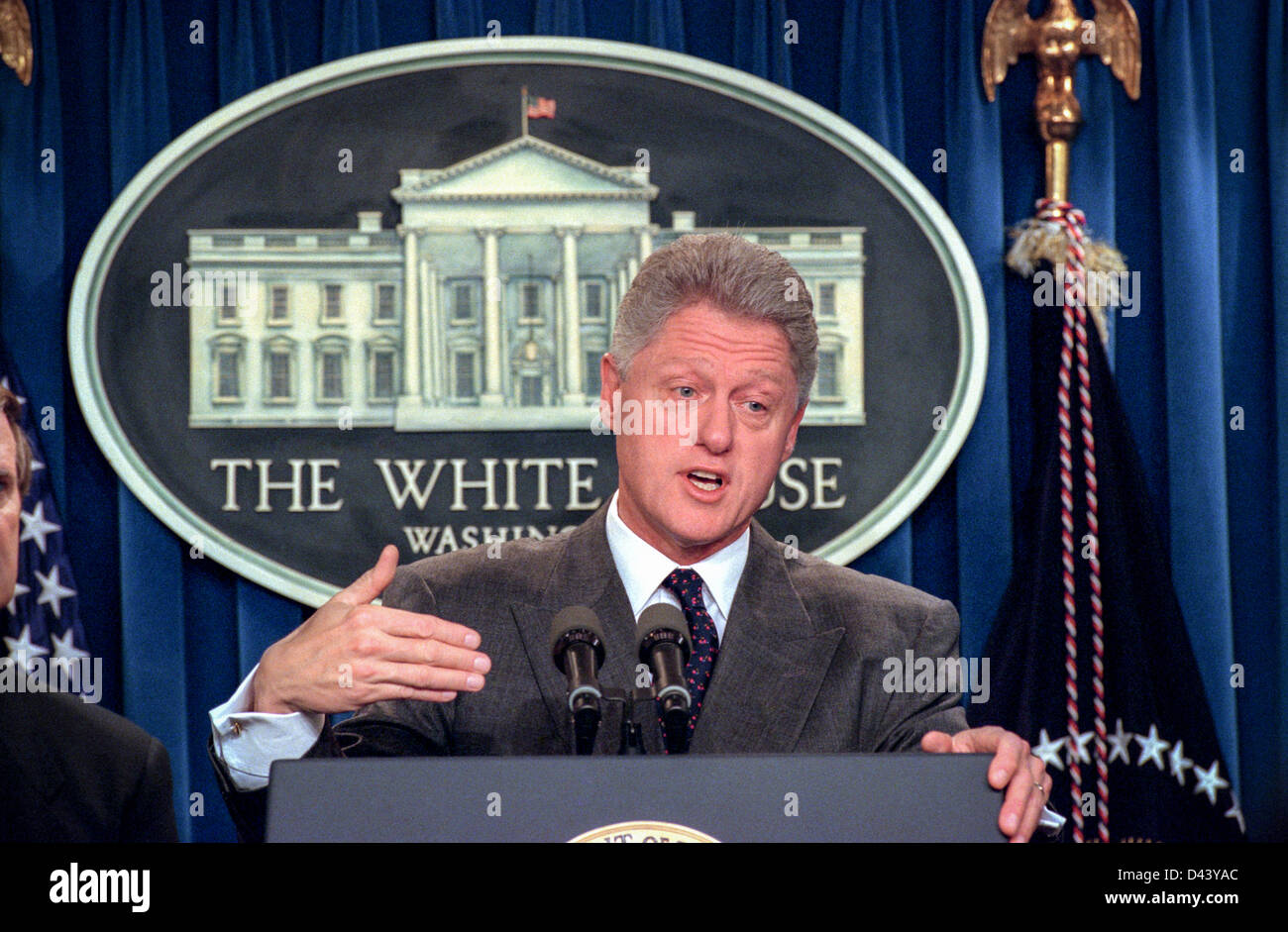 US President Bill Clinton makes a statement in the Briefing Room of the ...