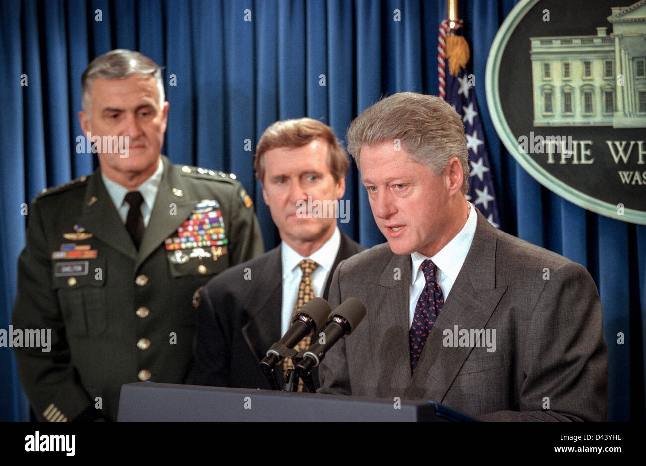 US President Bill Clinton makes a statement in the Briefing Room of the ...