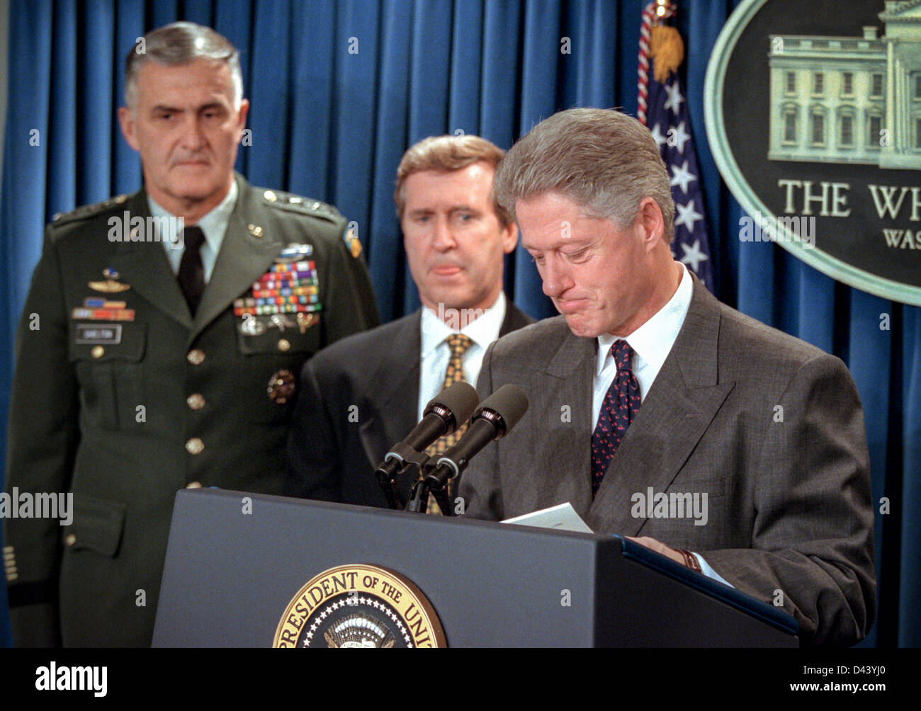 US President Bill Clinton makes a statement in the Briefing Room of the ...