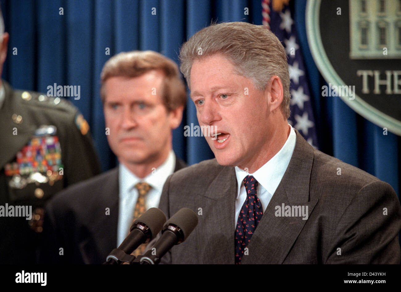 US President Bill Clinton makes a statement in the Briefing Room of the ...