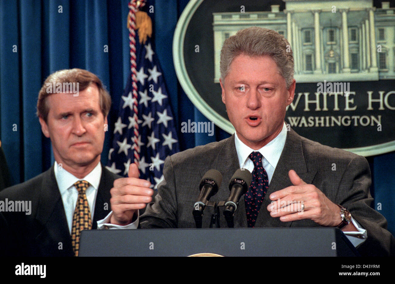 US President Bill Clinton makes a statement in the Briefing Room of the ...