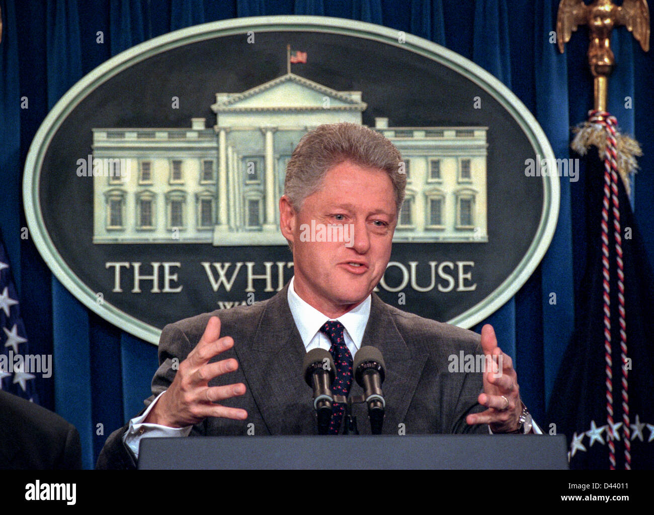 US President Bill Clinton makes a statement in the Briefing Room of the ...