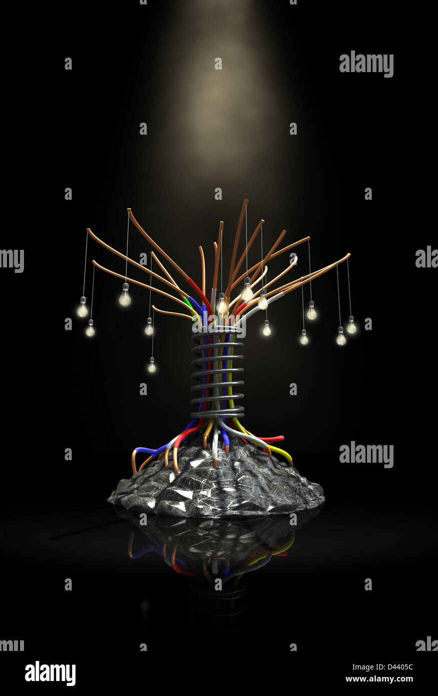 A stylised tree made out of electrical and mechanical elements and ...