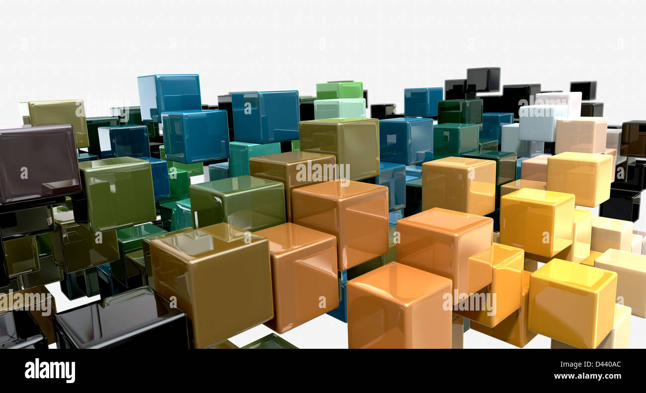 A collection of glossy cubes in various colours and positions on an ...