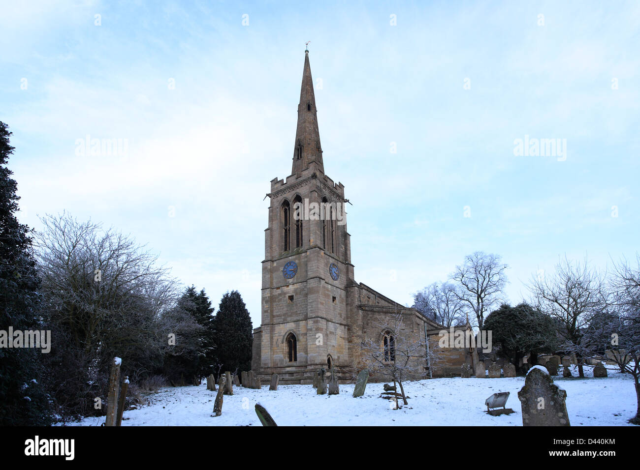 Winter snow, St Nicholas church, Bulwick village, Rockingham Forest ...