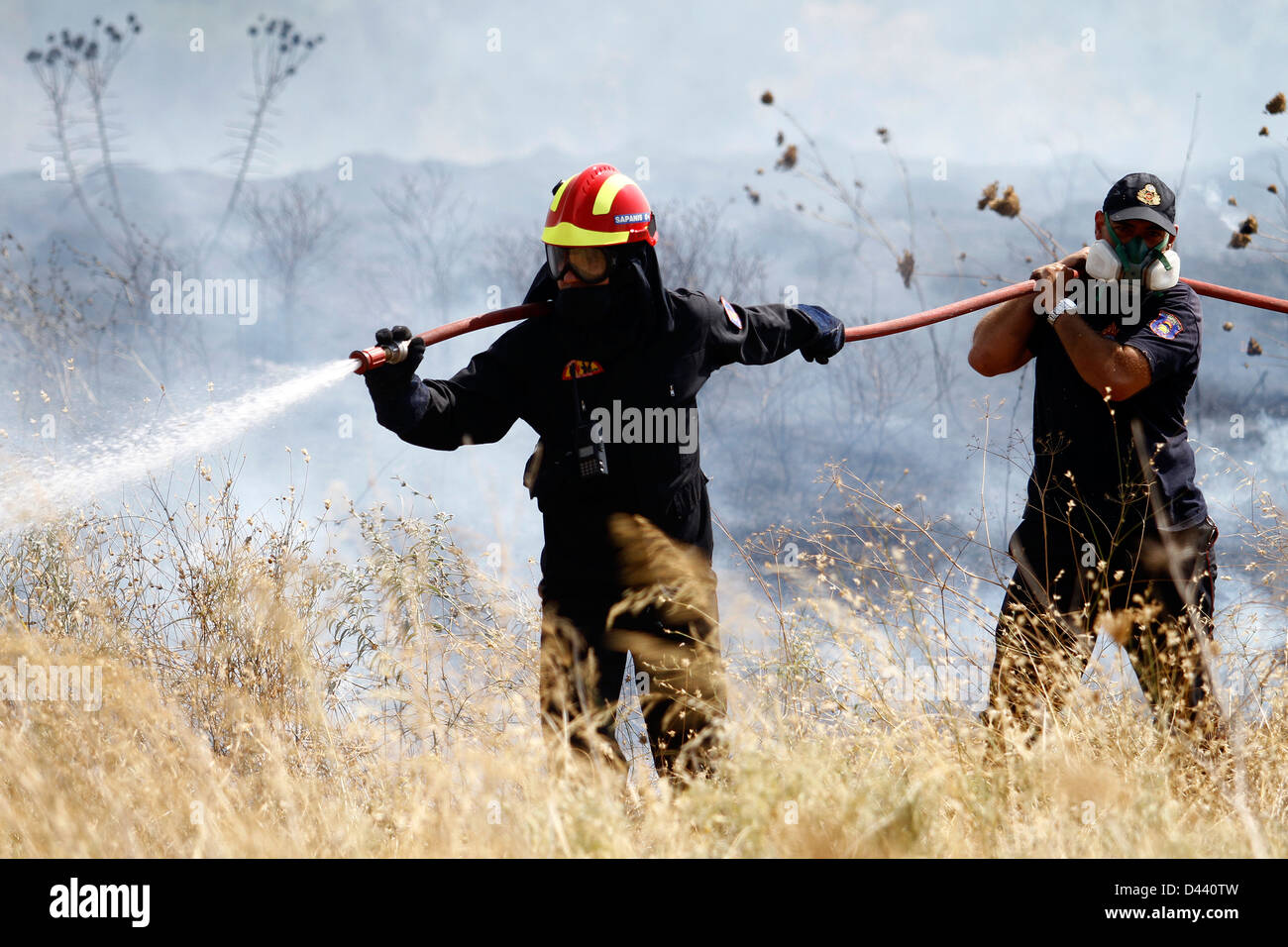 THESSALONIKI, GREECE - AUGUST 26: Fire department in action at a Seich ...