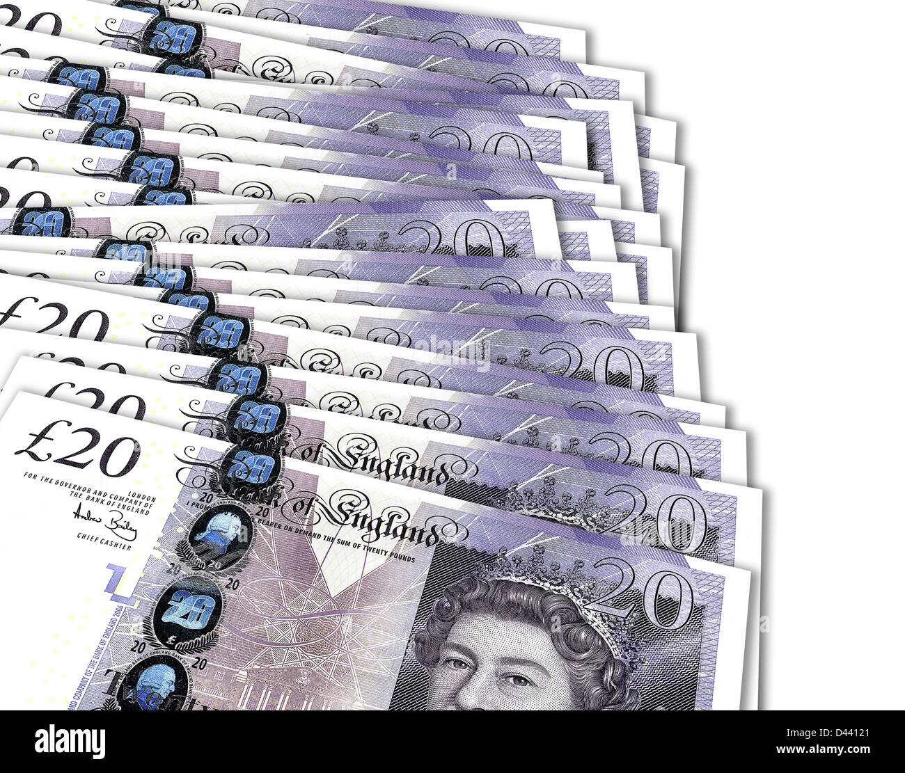 Twenty pound notes fanned out, overlaping one another, amounting to a ...