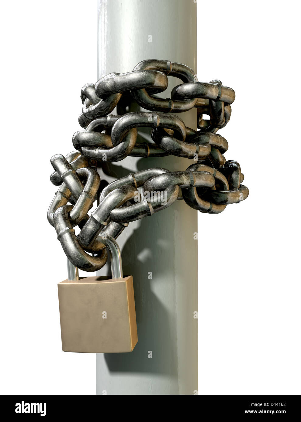 A regular metal chain wrapped around a pole with the ends secured with ...