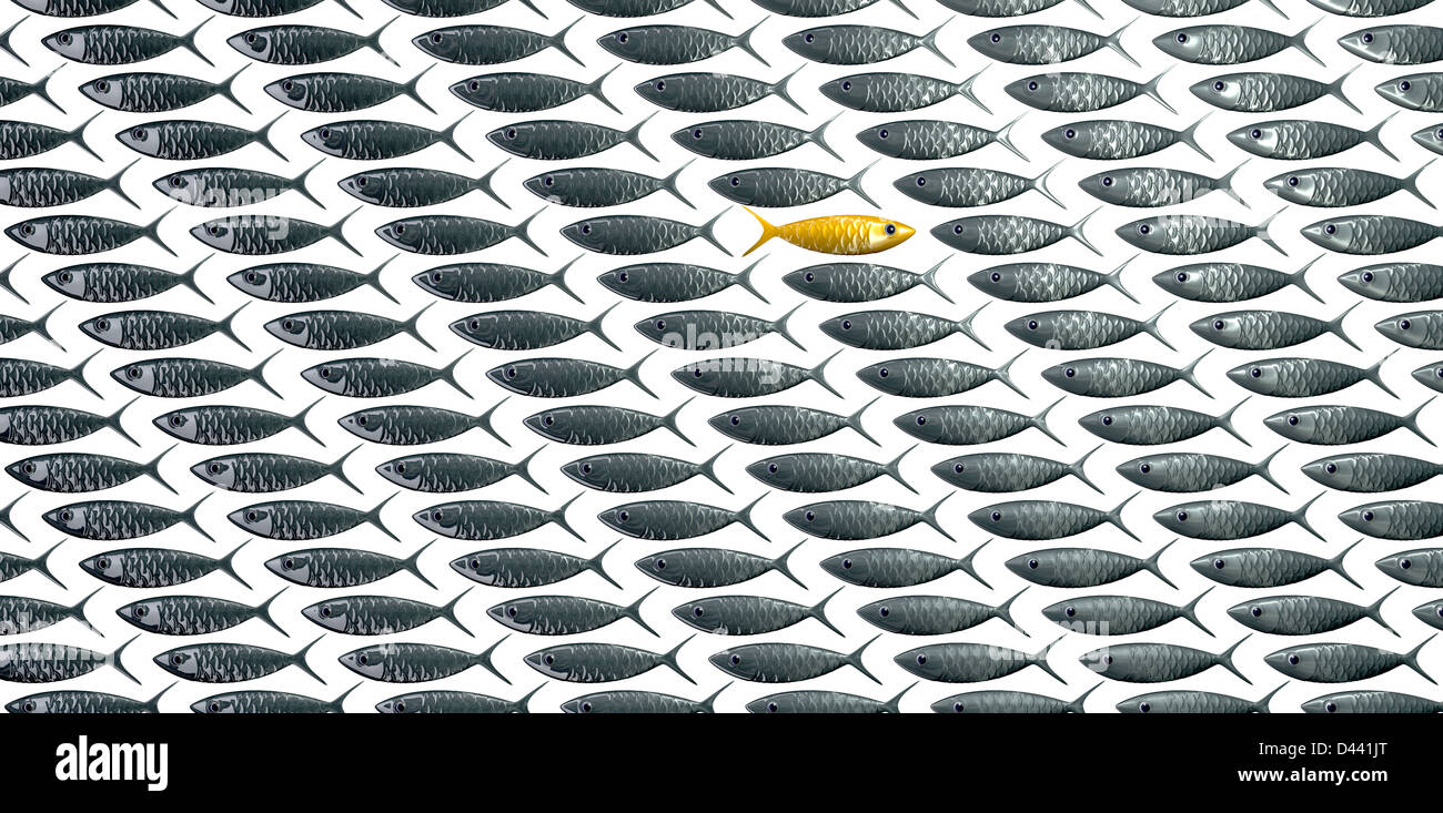 A school of stylized silvery fish swimming in one direction with a ...