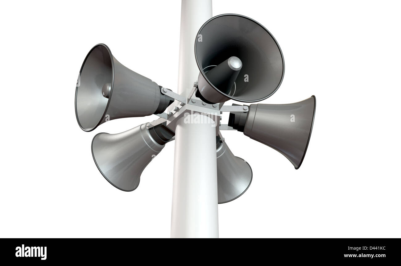 An array of five horn loudspeakers in a circle facing outwards mounted ...