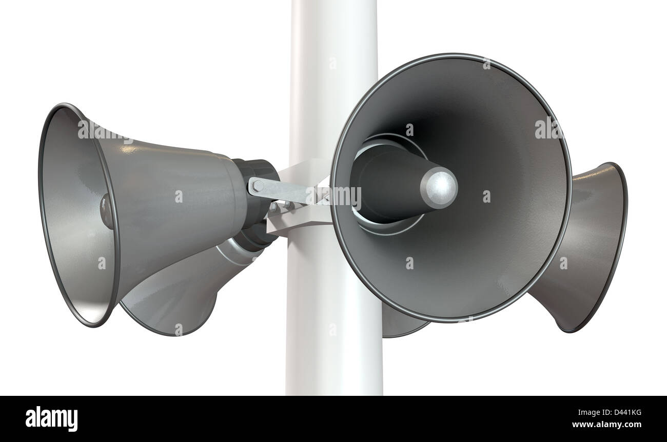 An array of five horn loudspeakers in a circle facing outwards mounted ...