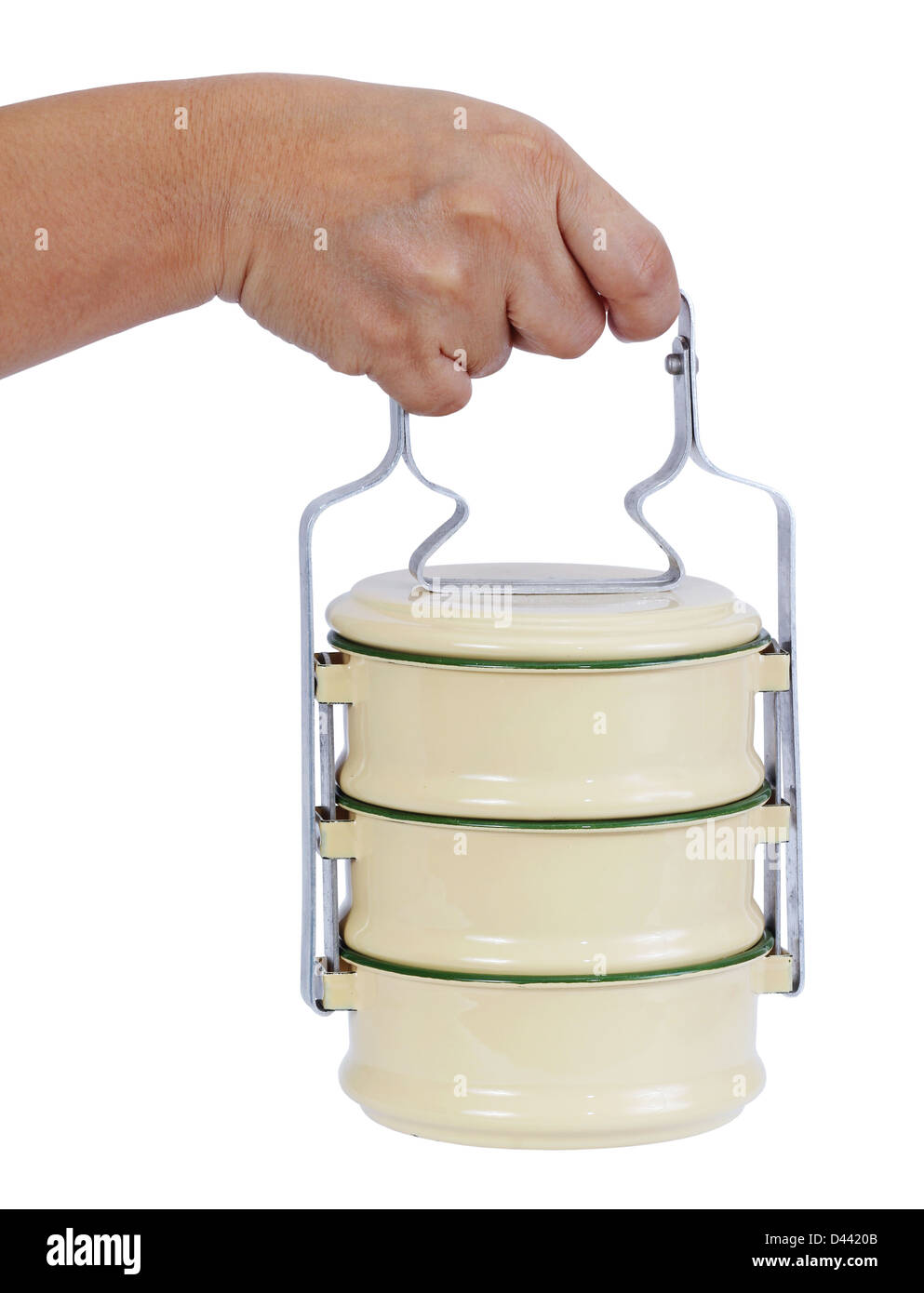 Closeup image of hand holding food carrier on white background Stock ...