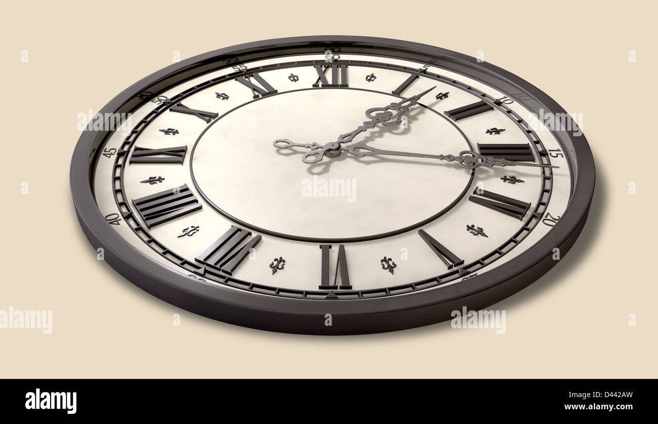 An antique clock with roman numerals and ornate metal hands on an ...