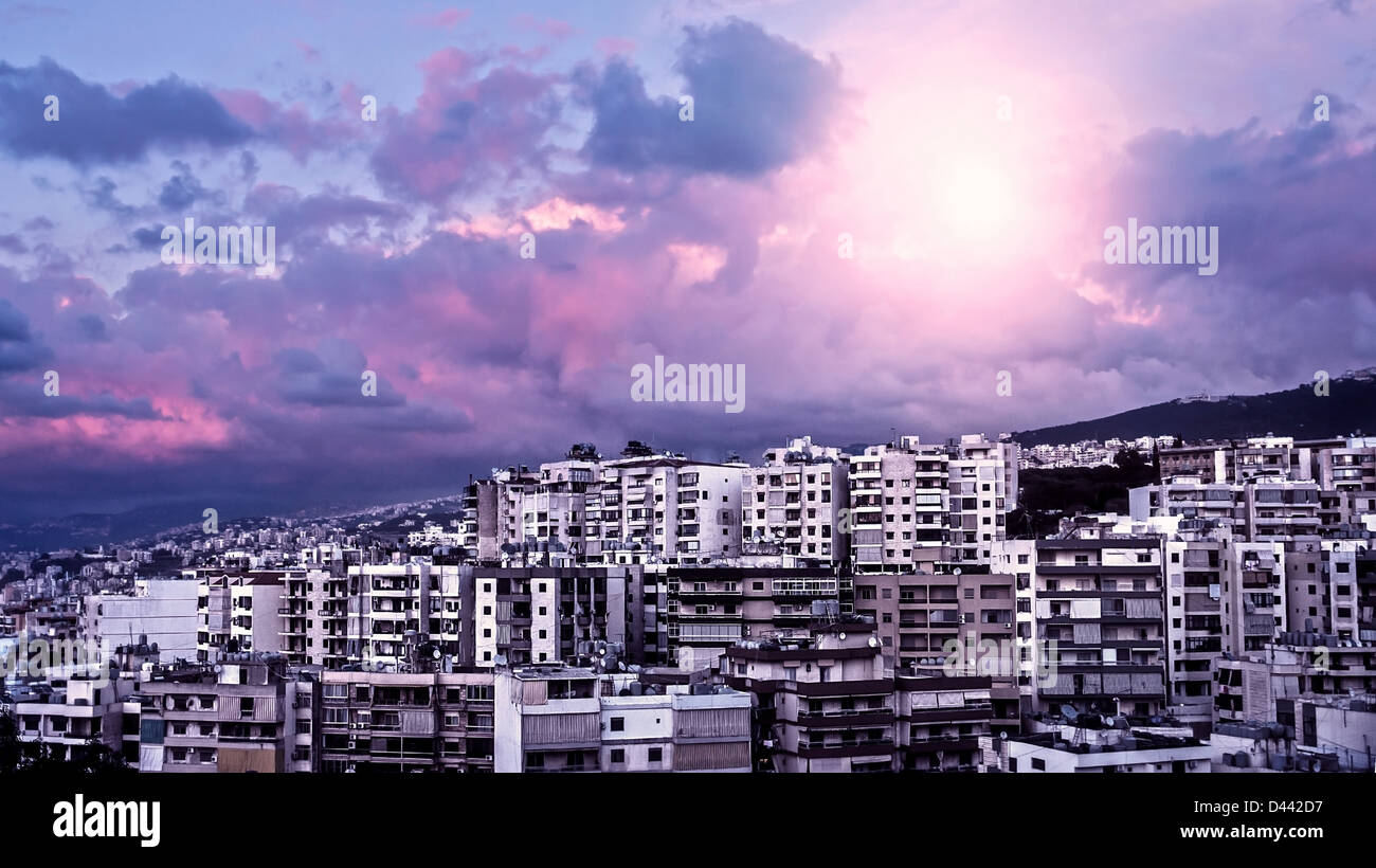 Picture of beautiful purple sunset over city, peaceful landscape ...