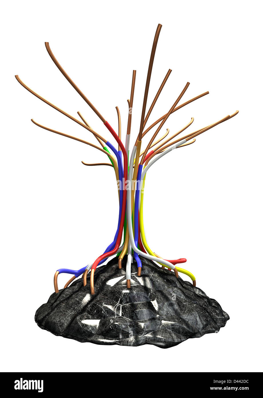 A tree concept made out of electrical cables and metals on an isolated ...