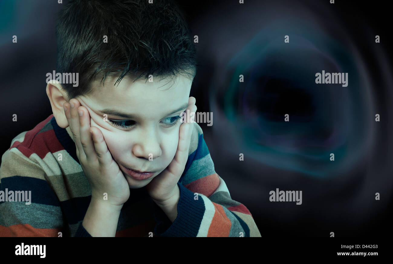 Sad child has problems. Black abstract shapes background deep Stock ...
