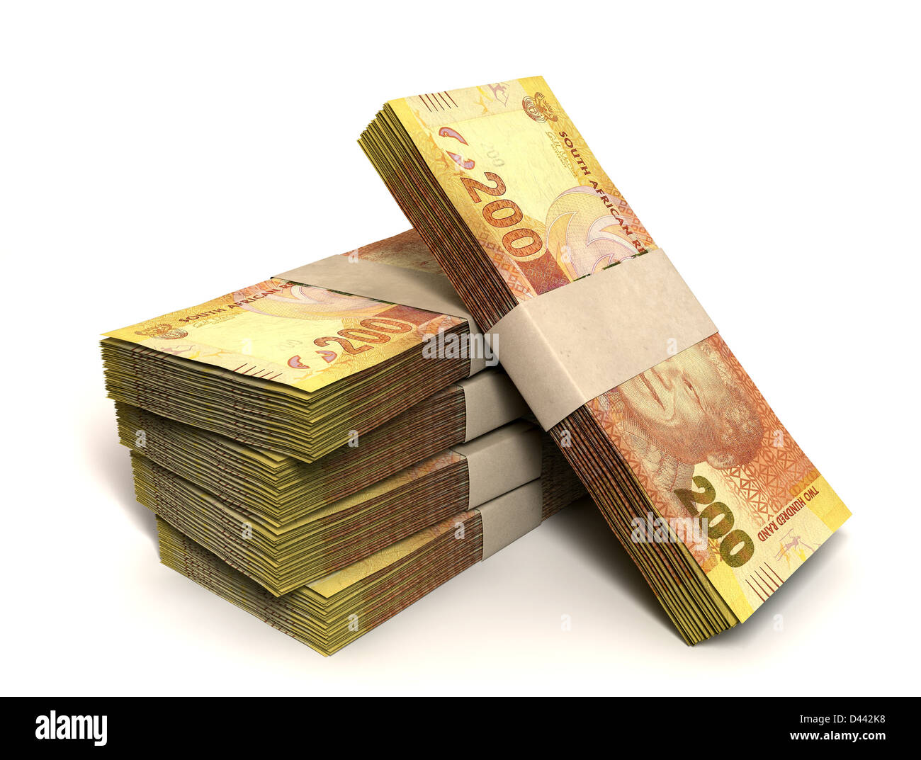 A stack of bundled two hundred rand notes on an isolated background ...
