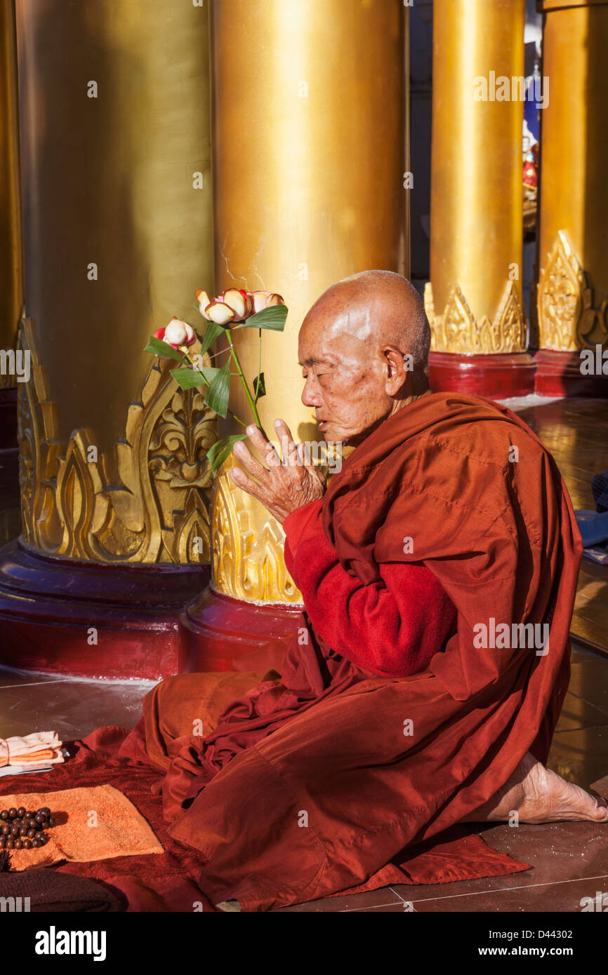 Myanmar, Yangon, Shwedagon Pagoda, Buddhist Monk Praying Stock Photo ...