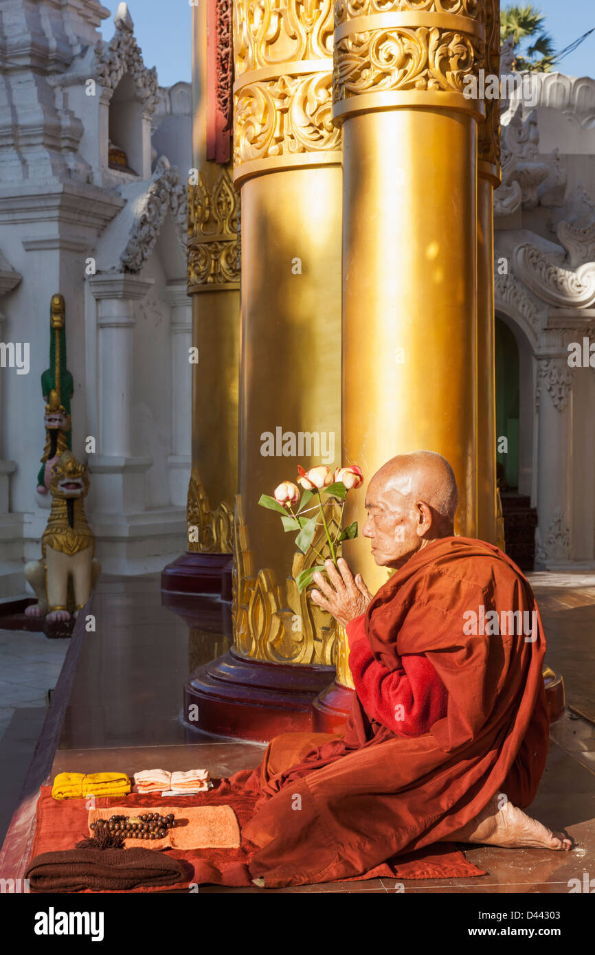 Myanmar, Yangon, Shwedagon Pagoda, Buddhist Monk Praying Stock Photo ...