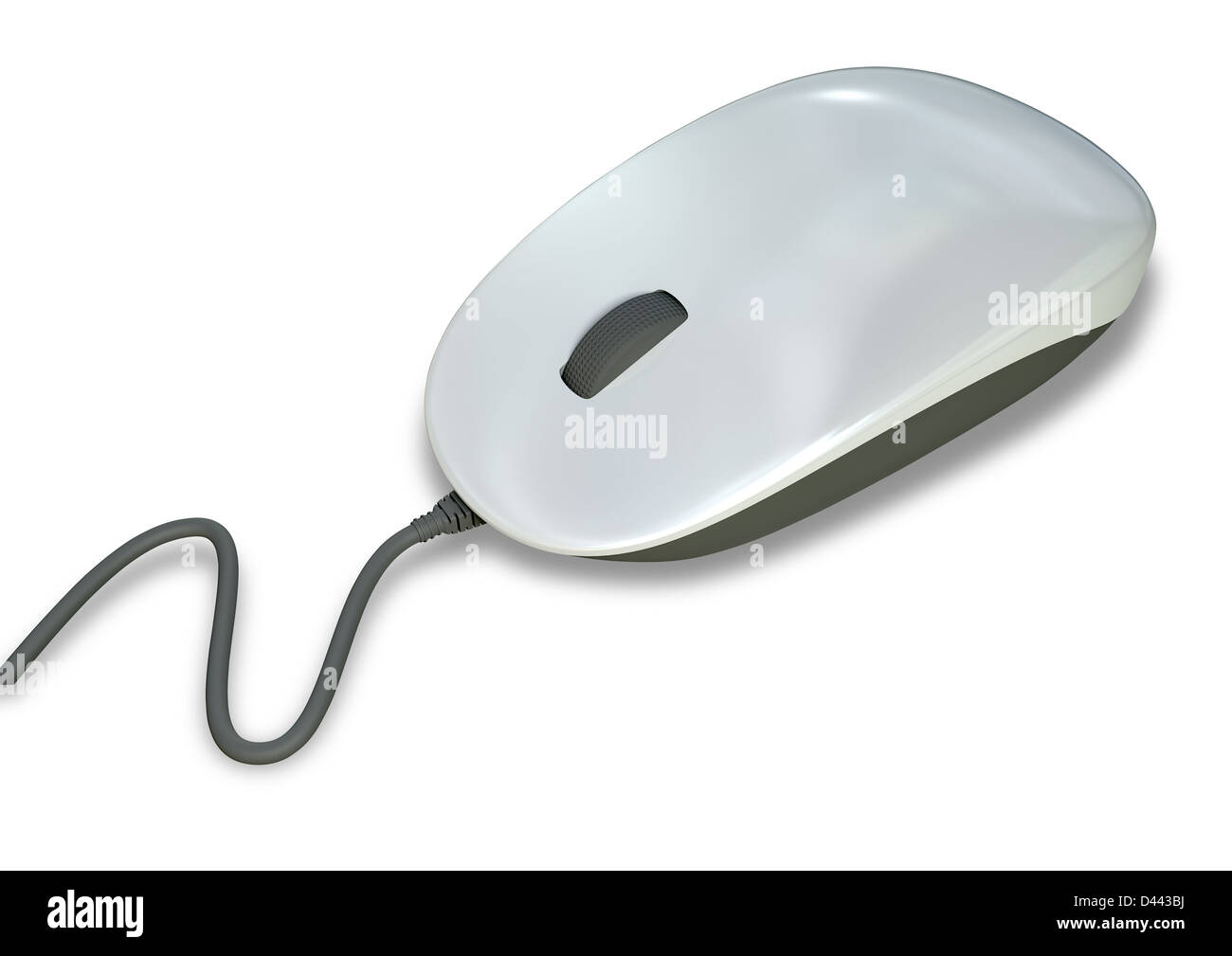 A top view of a white and grey plastic computer mouse with a scolling ...