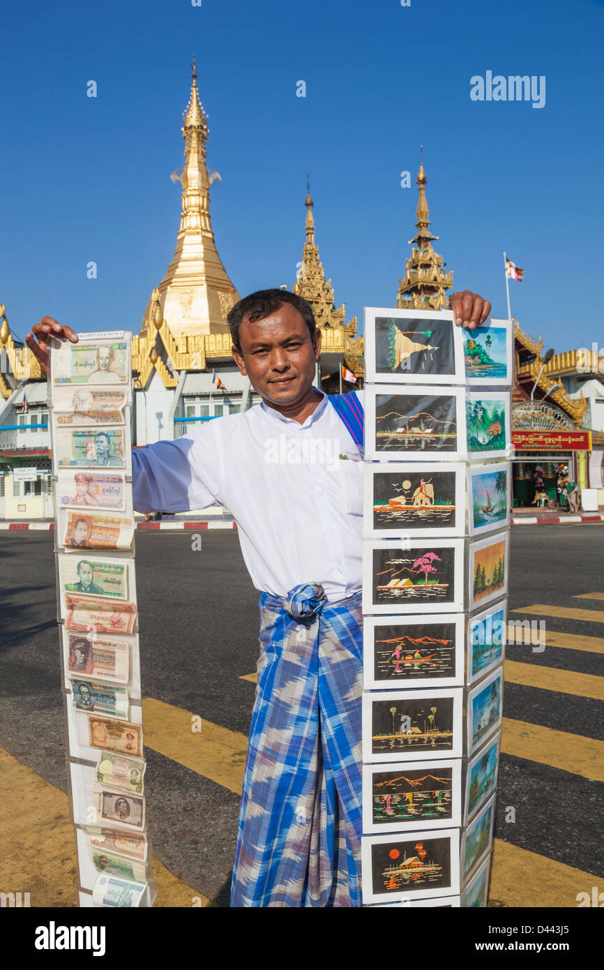 Myanmar, Yangon, Sule Pagoda, Souvenir Postcard and Banknote Vendor ...