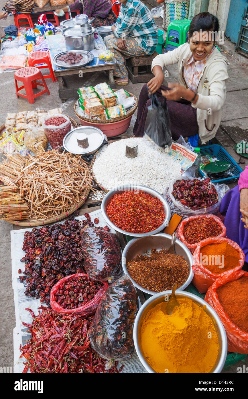 Myanmar, Yangon, Street Market, Chillies and Chilli Powder Stock Photo ...