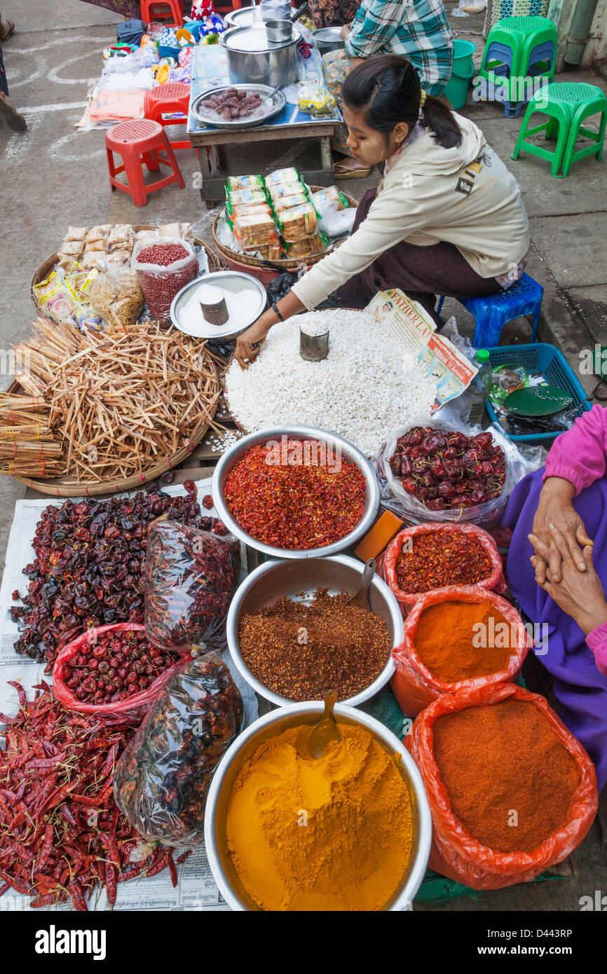 Myanmar, Yangon, Street Market, Chillies and Chilli Powder Stock Photo ...