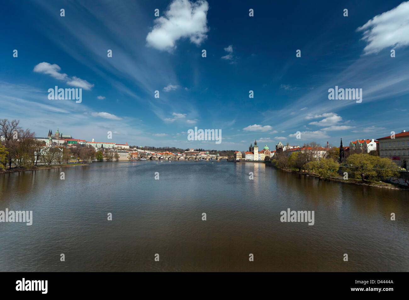 View across Vltava River towards St Vitus's Cathedral and city skyline ...