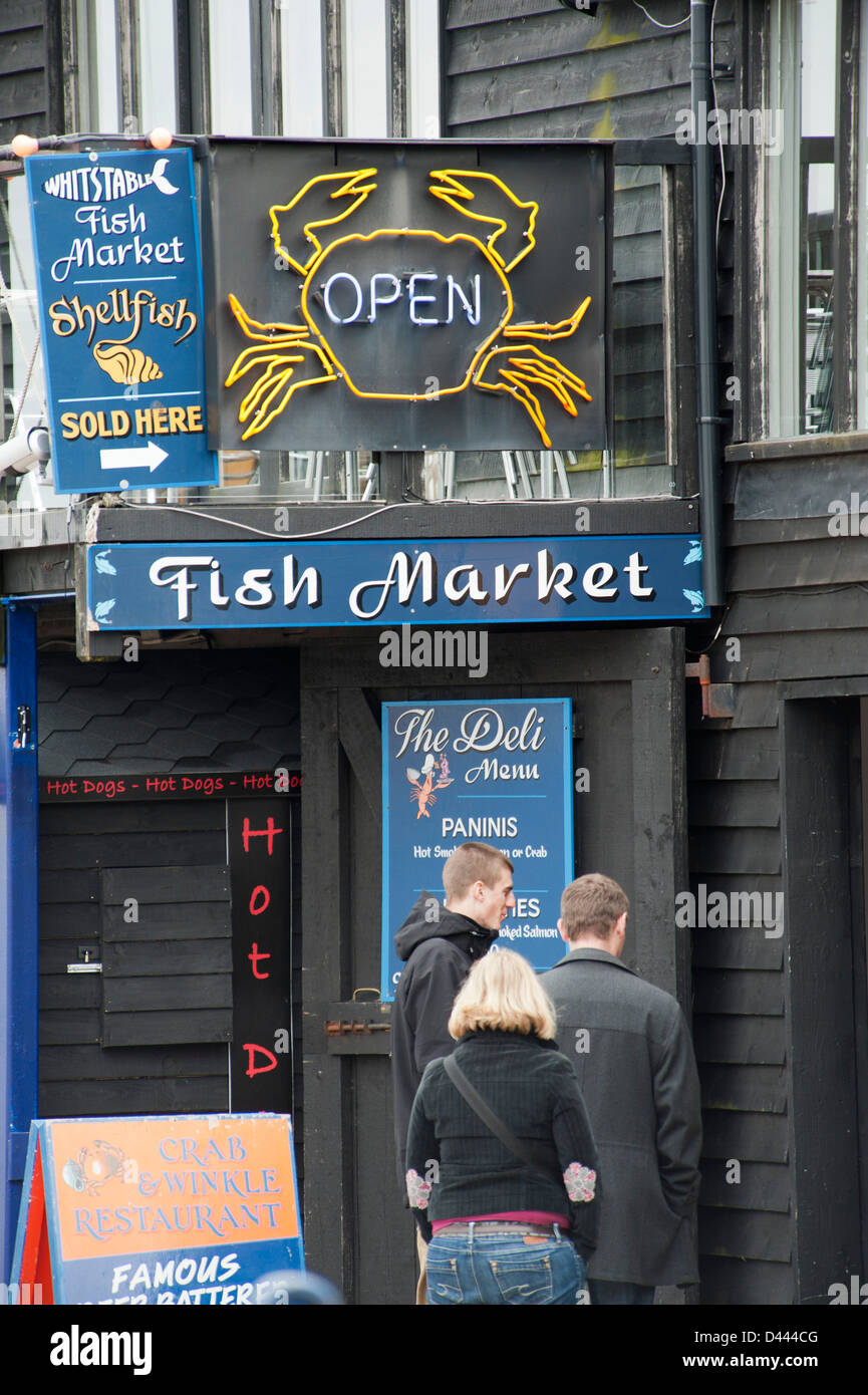 Restaurant open sign in Whitstable harbour, Fish Market Stock Photo - Alamy
