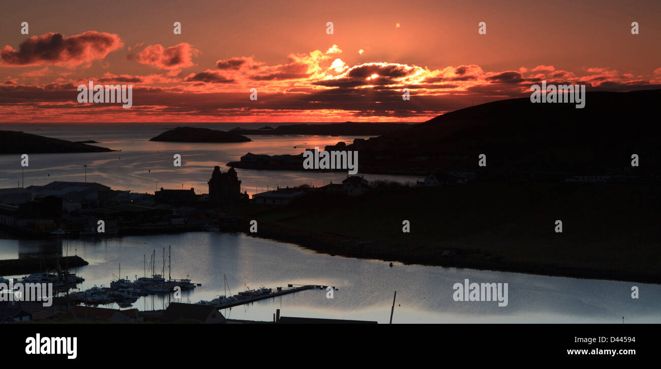 Sunset over Scalloway castle, Shetland Islands, Scotland Stock Photo ...