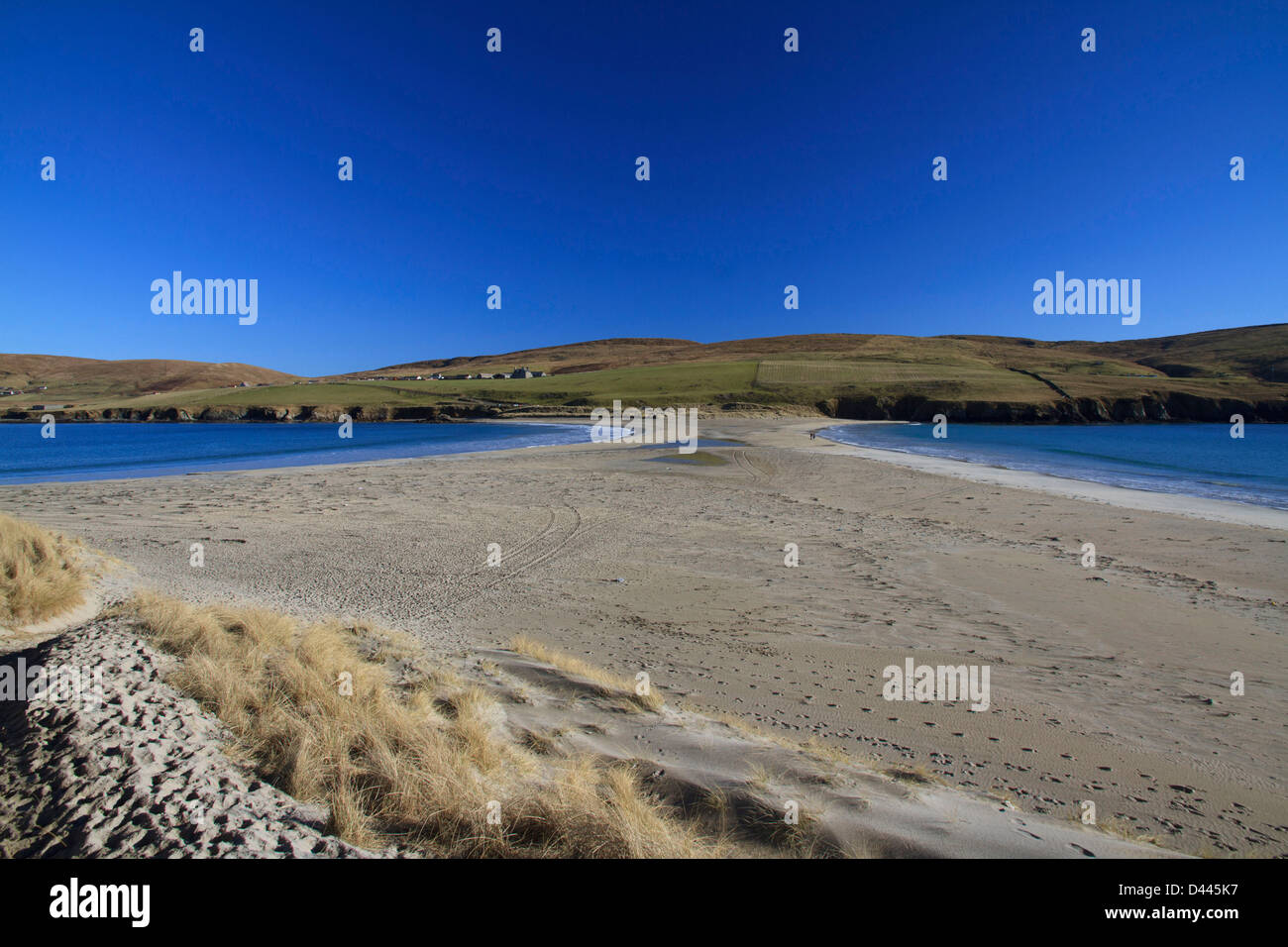 A view of the sand tombolo connecting St Ninian's Isle to South ...