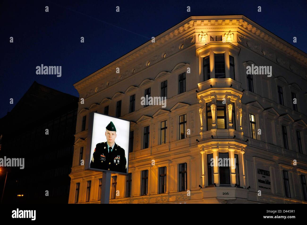 Portrait of a young American soldier at the former border post ...