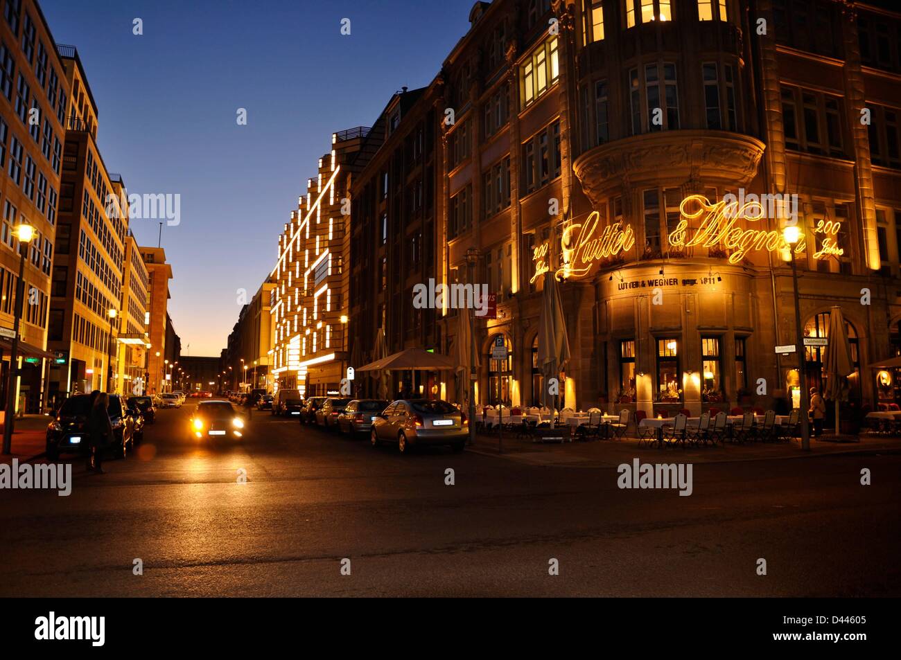Night view of the restaurant Lutter & Wegner on the street crossing ...