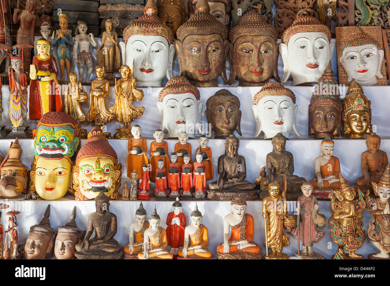 Myanmar, Bagan, Swhezigon Pagoda, Souvenir Shop Display of Wooden Masks ...