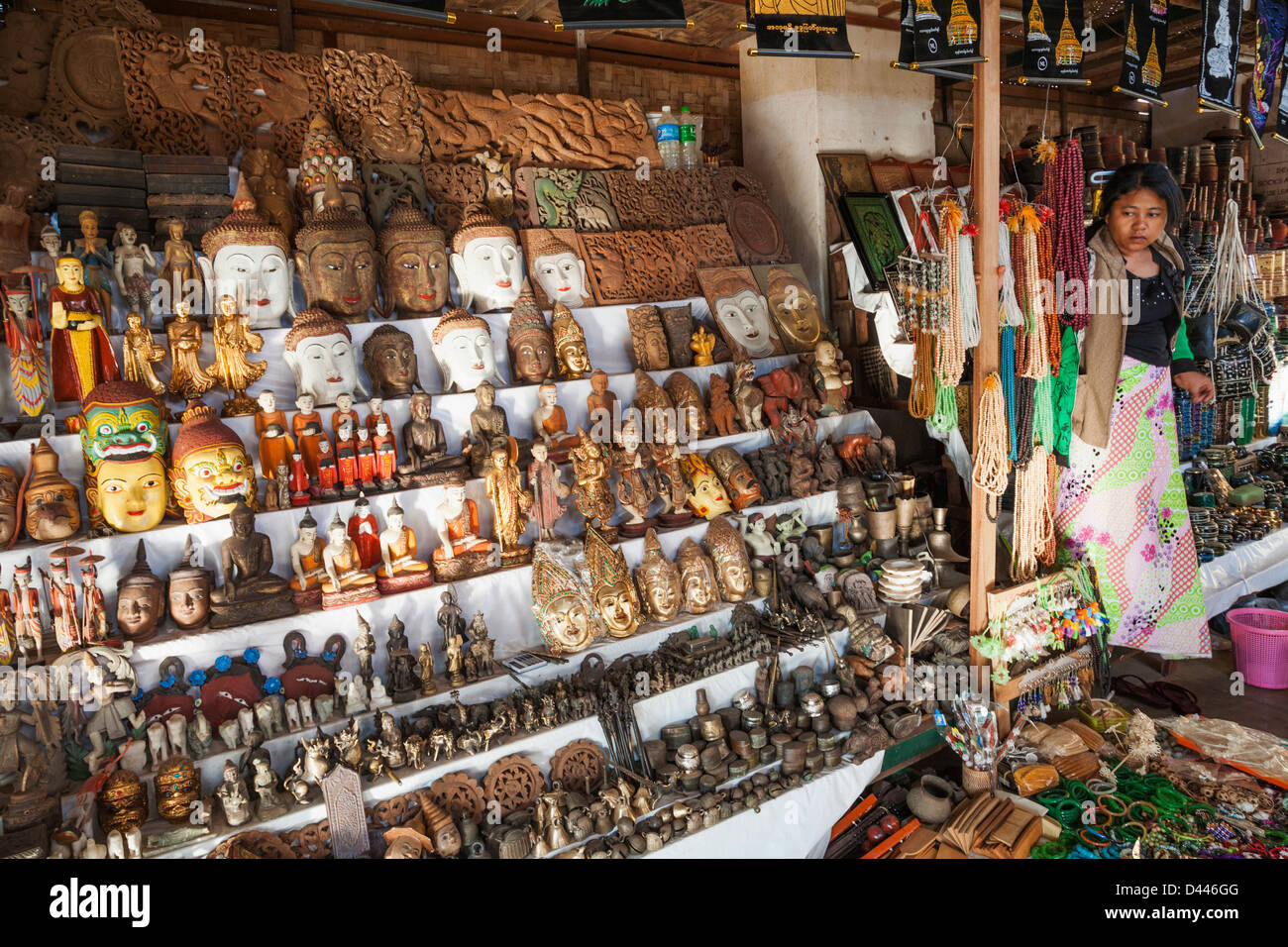 Myanmar, Bagan, Swhezigon Pagoda, Souvenir Shop Display of Wooden Masks ...