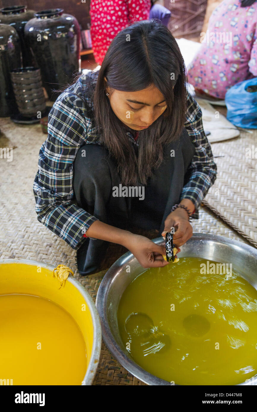 Myanmar, Bagan, Lacquerware Makers, Woman Washing Finished Product ...