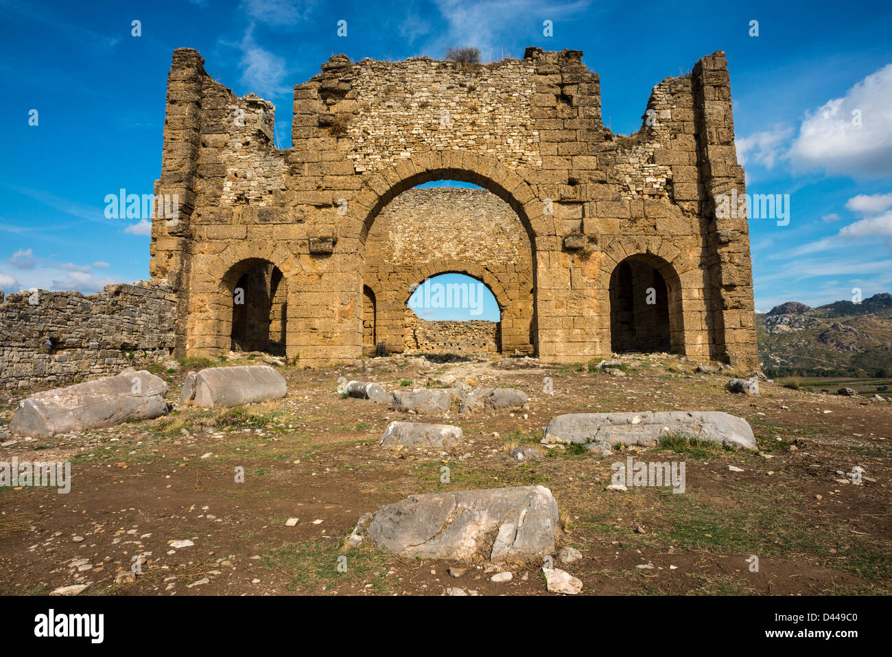 Ruins of the basilica atop the acropolis at Aspendos, an ancient Greco ...